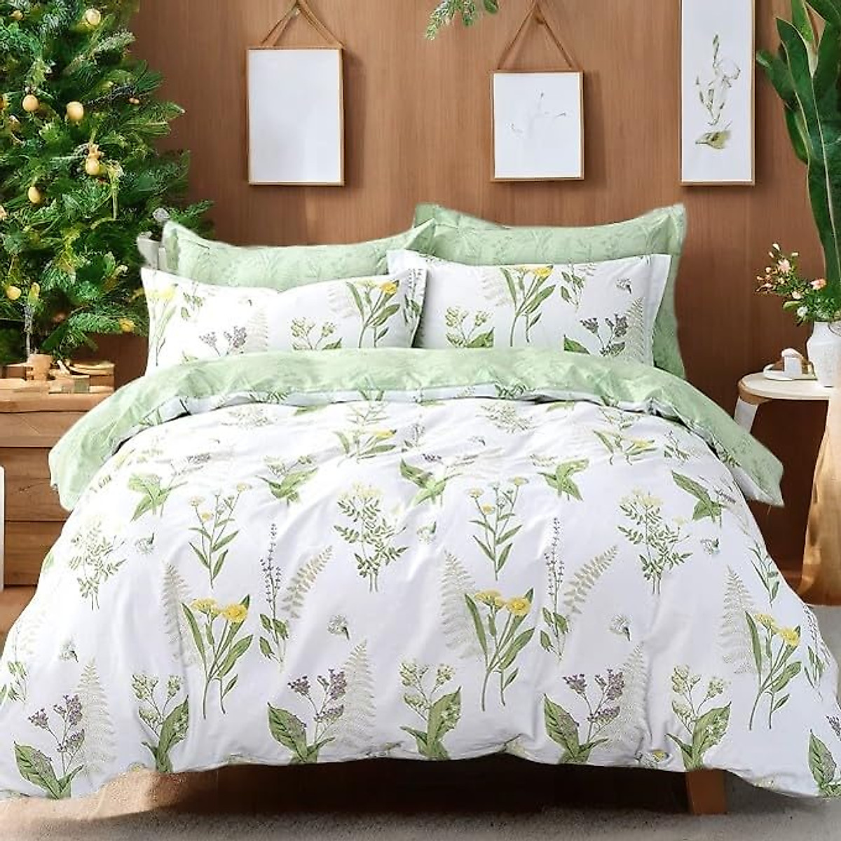 FADFAY Duvet Cover Set Queen 4-Pcs Shabby Daisy and Lavender Flowers 100% Cotton Hidden Zipper Closure with Green Deep Pocket Fitted Sheet 4 Pieces Queen Size