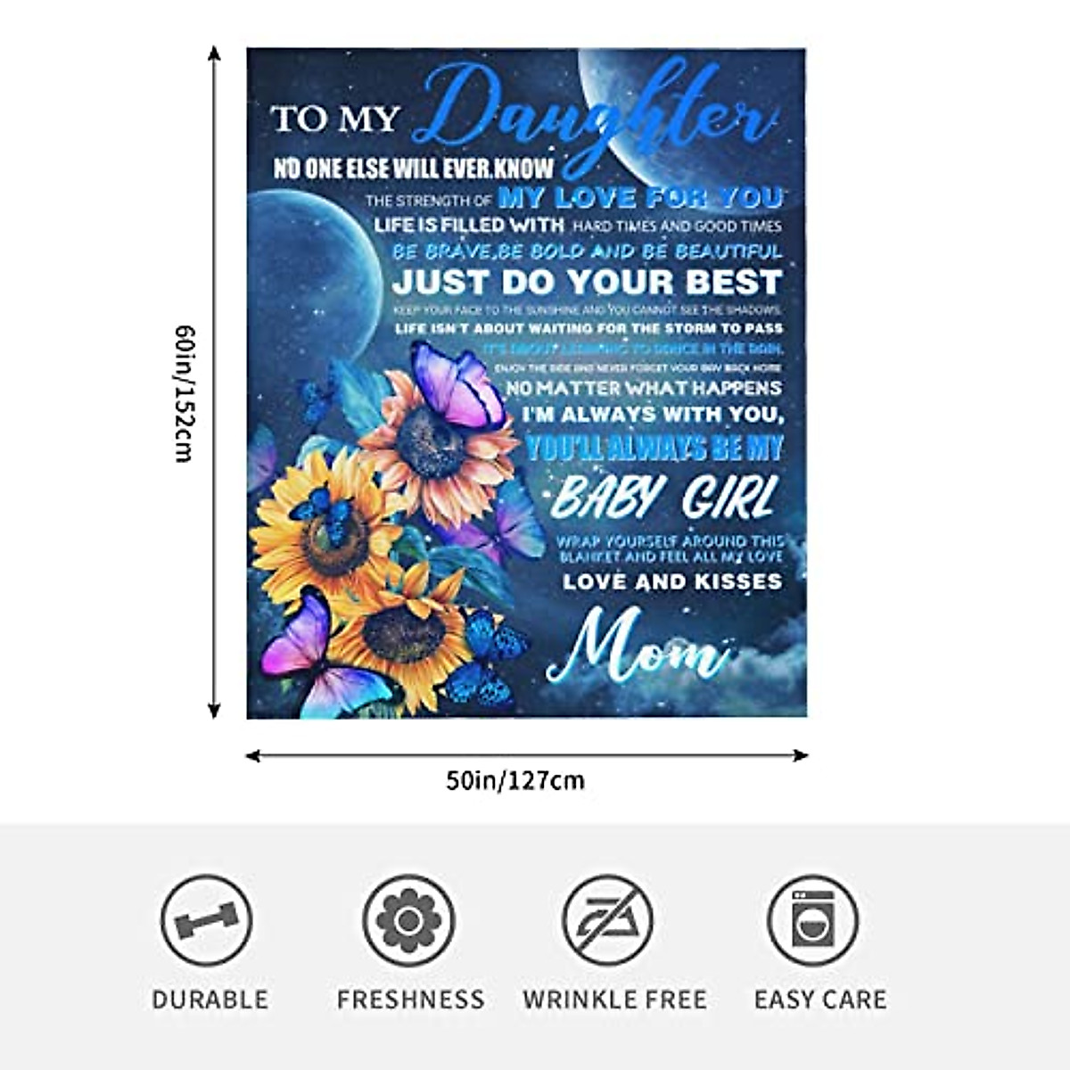 to My Daughter Blanket from Mom, Butterfly Moon Sunflower Ultra-Soft Fleece Flannel Throw Blankets for Warm Birthday Present, Graduation Gift, Thanksgiving Day and Christmas