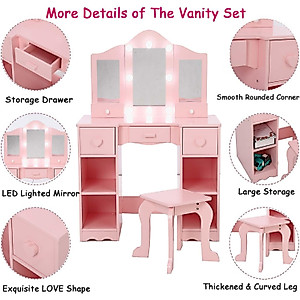 GarveeHome Kids Vanity with Lights,2 in 1 Wooden Princess Makeup Desk Dressing Table,Girls Vanity Table with Mirror, Light,Stool & Drawer,Toddler Vanity,Pretend Play Vanity Set for Little Girls