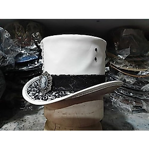 Steampunk Black Crusty Band White Leather Top Hat (Leather, XX-Large)