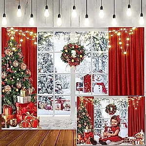 LTLYH Red Winter Snow Window Backdrop for Christmas Party Decorations and Photo Booth Props