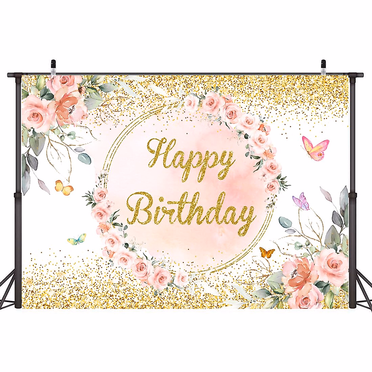 Wollmix Butterfly Happy Birthday Banner Backdrop Decorations 7x5ft Party Sweet 16 Girls Women Pink Florals Glitter Gold Dots Photography Background Supplies Photo Booth Studio Cake Table
