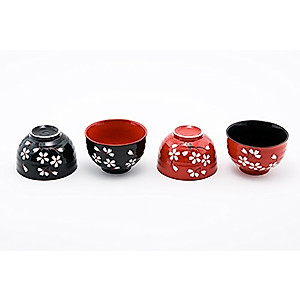 Hinomaru Collection Japanese Traditional Ceramic Rice Bowl Set of 4 Red and Black Cherry Blossom Sakura Decorative Gift Pack Multi Purpose Attractive Design