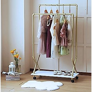 Child Clothes Rack, Kids Garment Rack Armoire Dress-up Closet, Rolling Pipe Open Clothing Rack with Wood Storage Shelf, Industrial Modern Kids Wardrobe Costume Organizer Center with 2 Hanging Rods
