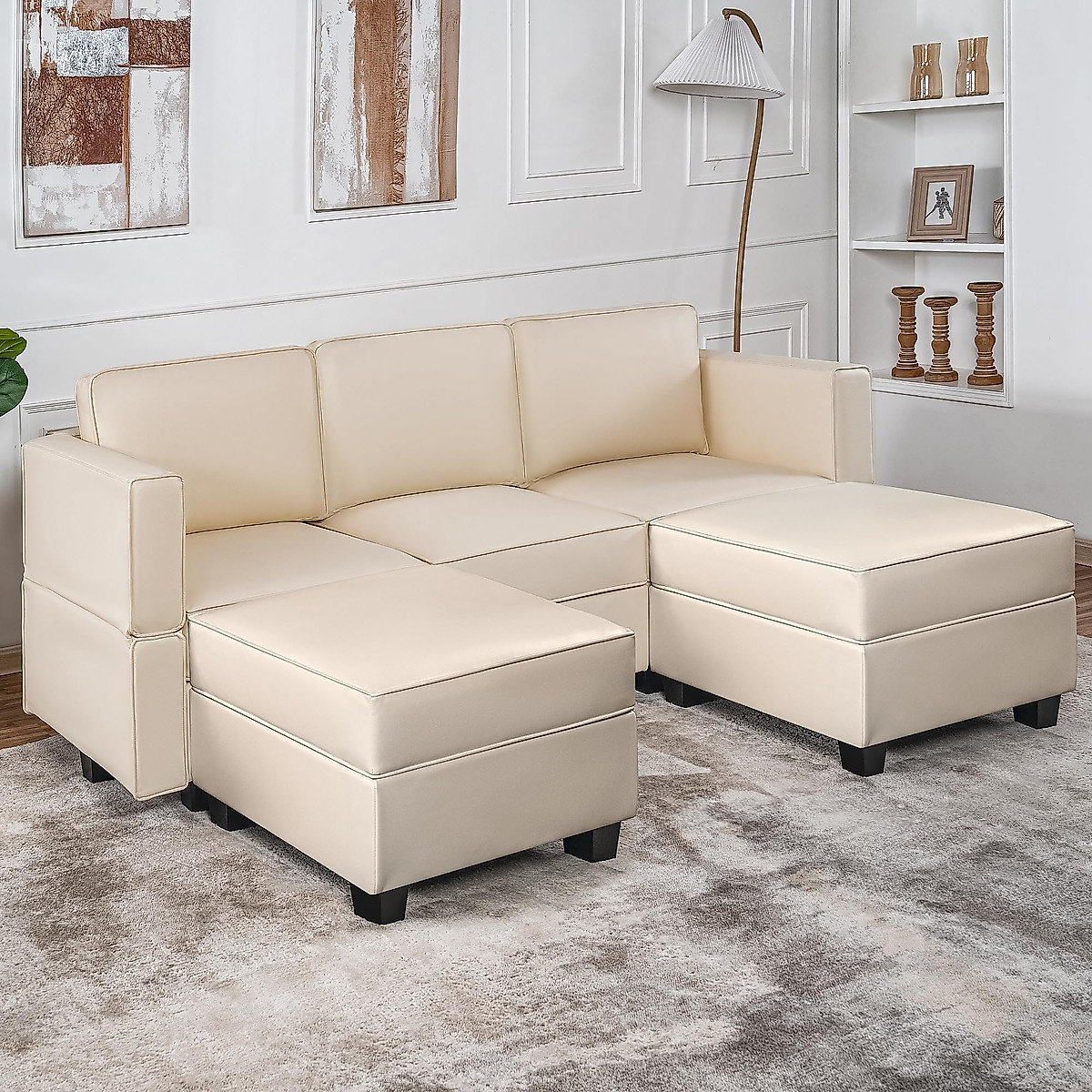 Naomi Home Sarah Modular Sectional Sofa with Double Chaise Air Leather U Shaped Sofa Reversible Sectional Couch with Storage - Beige