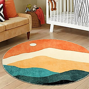 Sungea Abstract Round Rug for Bedroom 4ft, Faux Wool Soft Area Circle Rug, Farmhouse Washable Low Pile Throw Rugs, Carpet for Living Room Sofa Nursery Kids Room Decor