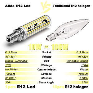 ALIDE E12 100W Dimmable Replacement LED Candelabra Bulbs C7,6000K Daylight Bright Cool White,1000 Lumen T6 E12 10W LED Chandelier Light Bulbs for Ceiling Fan Pendant Lighting Salt Lamp,5 Pack