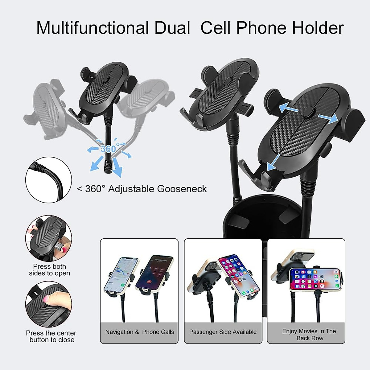JINKEY Dual Cup Phone Holder for Car, 360°Rotatable Car Phone Mount Adjustable Gooseneck Cell Phone Cup Holder Universal Fits for Most 4"-6.7" i-Phone Cell Phone Automobile Cradles