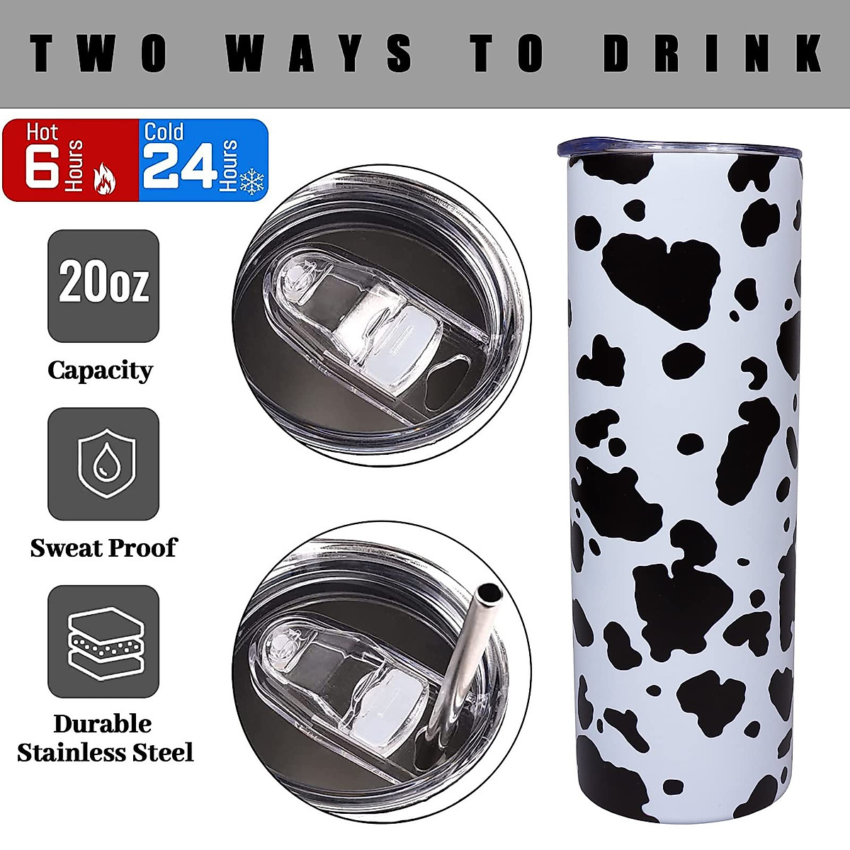 IchDich Cow Print Tumbler With Lid and Straw 20 oz Insulated Black Cow Tumbler Stainless Steel Cow Print Skinny Tumbler Water Bottle Coffee Cups Travel Mug Gifts for Women