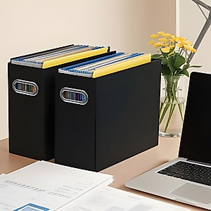 POUYRBA File Organizer, 4pcs Black Cardboard Hanging File Folder Box with Handle for Letter Size Easy Assemble Collapsible File Cabinet Organizer for Home Office and School