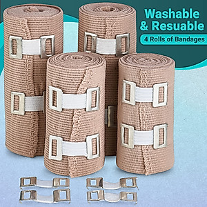 Elastic Compression Bandage Wrap - Premium Quality (Set of 4) w/ Hooks, Athletic Sport Support Tape Rolls for Ankle, Wrist, Arm, Leg Sprains First Aid Bandages Measure (2)- 4" x 5 Ft (2)- 3" x 5 Ft