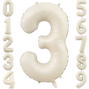 3 Balloon, Number 3 Balloon, 3 Balloon Number 40 Inch, Sand White Large Big Foil Number Balloons for Birthday Party Graduation Wedding Anniversary Baby Shower Bachelorette Decoration Supplies
