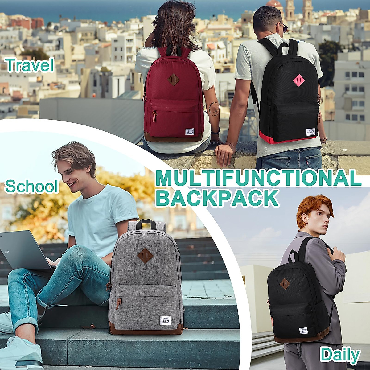 VASCHY Backpack for Men, Unisex Classic Water-resistant College School Backpack Bookbag Laptop Backpack Black