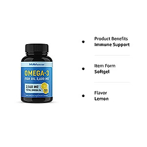 Triple Strength Omega 3 Fish Oil | 3600 mg EPA & DHA | Over 2100mg of Omega 3 Fatty Acids | 1300mg EPA + 860mg DHA | Best Essential Fatty Acids | Premium Burpless Softgel Supplements (120 Ct)