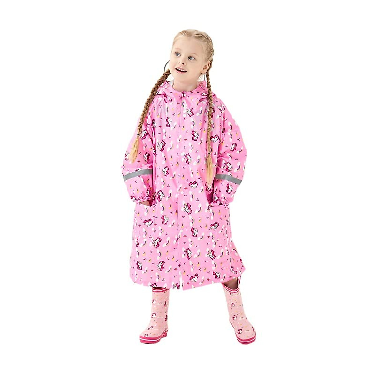 Fewlby Kids Raincoats For Girls Boys Unicorn Cartoon Toddler Rain Wear Children Waterproof Raincoat Jacket Poncho M Size 7-10 Years