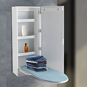 Wall Mount Ironing Board Cabinet, Built-in Swivel Ironing Board Foldable with Storage, Wall Hanging with Mirror, White