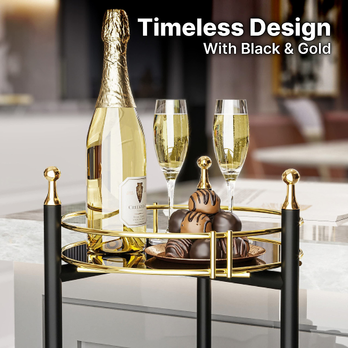 BENOLDY 2 Tier Plant Stand Table - Black Metal Frame with 2 Portable Golden Plate Tray, Plant Holder Stand, Serving Cart Tray and Wine Rack, Indoor/Outdoor Plant Shelf, Plant Pot Stand