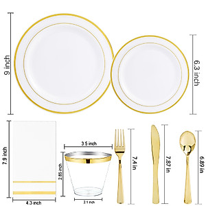 GATHER 350pcs Gold Plastic Plates - Disposable Plastic Dinnerware Set Include 50 Gold Dinner Plates, 50 Gold Salad Plates, 150 Silverware, 50 Napkins, 50 Cups Perfect for Party & Wedding