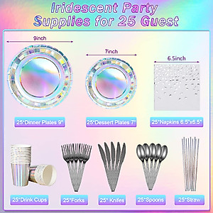 Iridescent Party Supplies Decorations, Holographic Paper Plates and Napkins Set, Disposable Iridescent Paper Plates Cups Knives Spoons Fork Straw for Mermaid Birthday Wedding Party, Serve 25