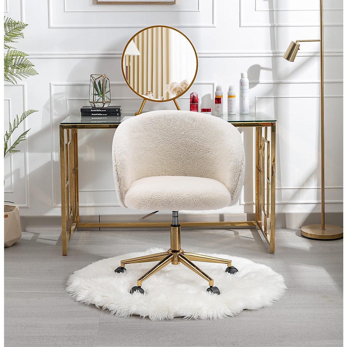 White Modern Faux Fur Home Office Chair, Upholstered Round Fluffy Chair Makeup Vanity Chair for Teen Girls Swivel Desk Chair with Gold Base, 3'' Adjustable Height Leisure Elegant Office Chair