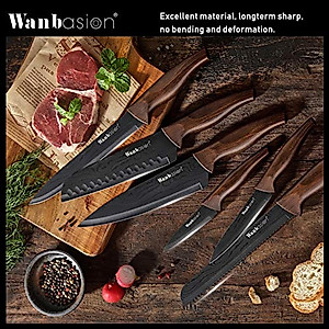 Wanbasion Matte Black Titanium Plated Stainless Steel Kitchen Knife Set, Chef Kitchen Knife Set Professional, Dishwasher Safe Kitchen Knife Set with Damascus Style