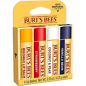 Burt's Bees Lip Balm Easter Basket Stuffers, Moisturizing Lip Care Spring Gift, for All Day Hydration, 100% Natural, Original Beeswax, Strawberry, Coconut & Pear & Vanilla (4 Pack)