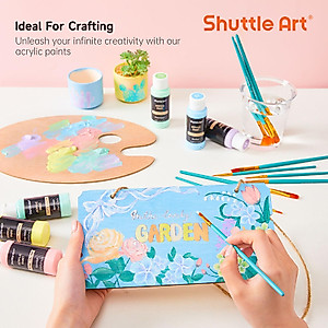 Shuttle Art 40 Pack Pastel Acrylic Paint Set, 30 Colors, 60ml/2oz Bottles, High Viscosity, Water-proof Paint With 10 Paint Brushes for Painting &Crafting on Canvas, Rock, Ceramic, Fabric