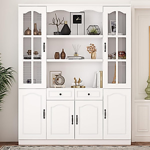 Homsee Tall Bookcase Bookshelf with Shelves, Drawers & 2 Carved Glass Doors, Wooden Display Storage Cabinet with 14 Compartments for Home Office, Living Room, White (63" W x 15.7”D x 78.7”H)