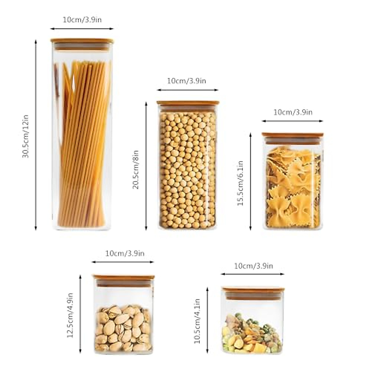 XHKDSYMC 5 Pack Glass Food Storage Jars, Clear Glass Canister Food Jar with Bamboo Wooden Lid Food Storage Container for Sugar, Pasta, Snack, Coffee Beans, Cookies, Nuts, Coffee Beans
