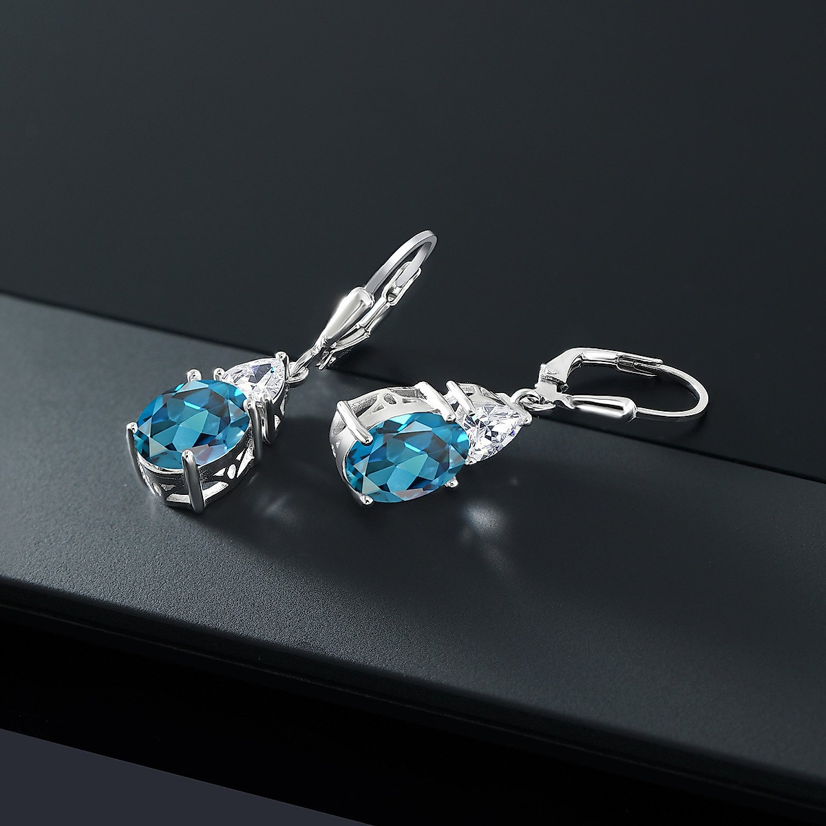 Gem Stone King 925 Sterling Silver London Blue Topaz and White Zirconia Dangle Earrings For Women (5.60 Cttw, Gemstone November Birthstone, Oval 10X8MM, Trillion 5MM)