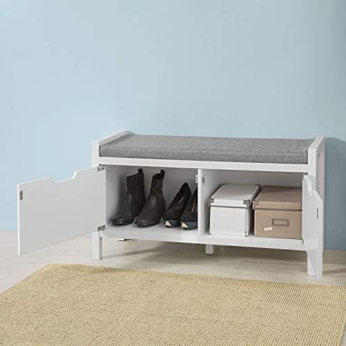 Haotian FSR63-W, White Shoe Bench Shoe Rack Shoe Cabinet Hallway Storage Bench with Seat Cushion