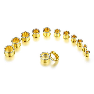 WBRWP 2pcs Hollow Gold Stainless Steel with Zircon Screw Ear Plugs Tunnels - Ear Expander - Ear Gauges Stretcher Body Piercing Jewelry 0g(8mm)