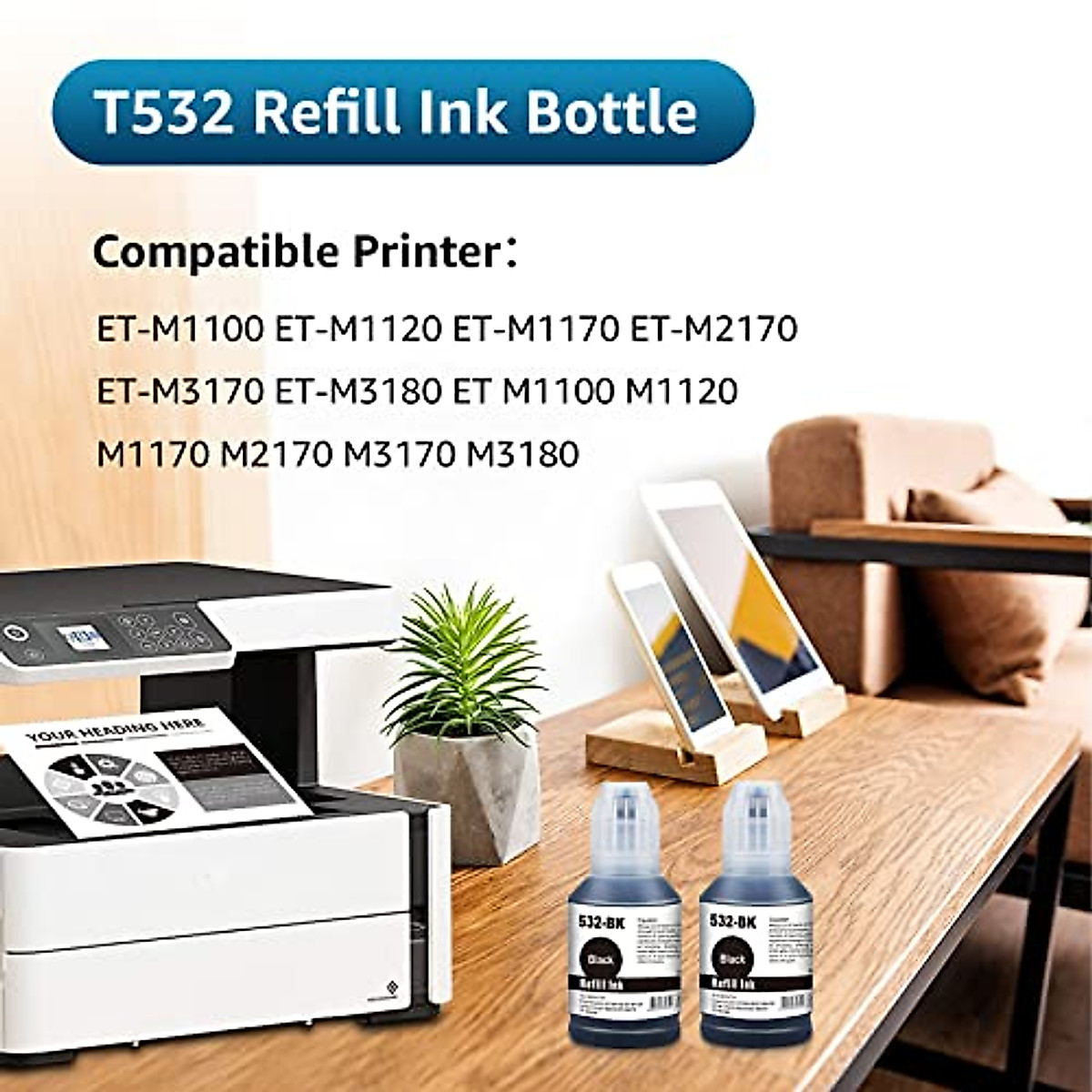 Finkbst Compatible Ink Bottle Replacement for 532 T532 EcoTank Ink Used for ET-M1100 ET-M1120 ET-M1170 ET-M2170 ET-M3170 ET-M3180 ET M1100 M1120 M1170 M2170 M3170 M3180(2 Black)