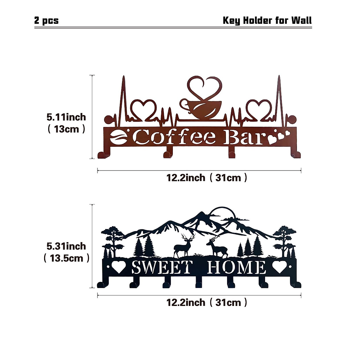 FengPingZi, Key Holder Wall Mount, 2 Pack Metal Black Key Hanger for Wall Decor with 7 Hooks and Brown Organiser Rack for Wall with 4 Hooks for Living Room, Entryway, Bathroom, Kitchen