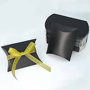 Black Kraft Paper Pillow Box Candy Treat Box Kit Gift Boxes with Gold Ribbon Wedding Favors Baby Shower Birthday Graduation Party Thank You Boxes Supplies, 50pc