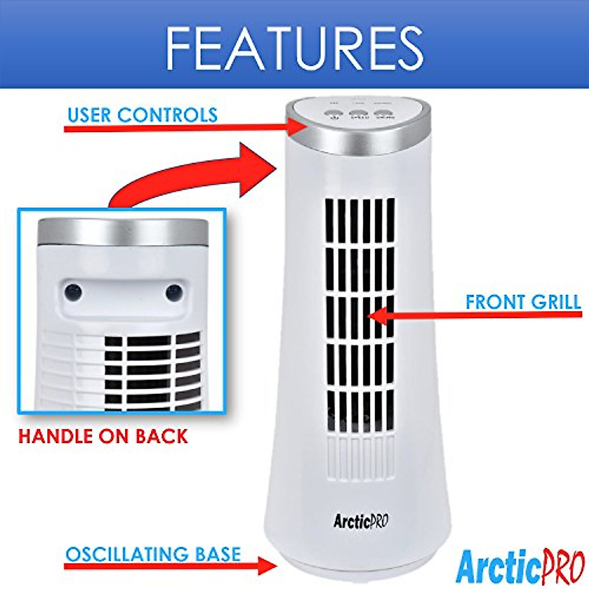 MINI DESK OSCILLATING TOWER FAN By Arctic-Pro – Slim and Compact Size, 2-Speed, Ultra-Quiet Operation, Convenient Carrying Handle, 75 Degrees of Oscillation For Powerful Circulation, 12 Inches, White