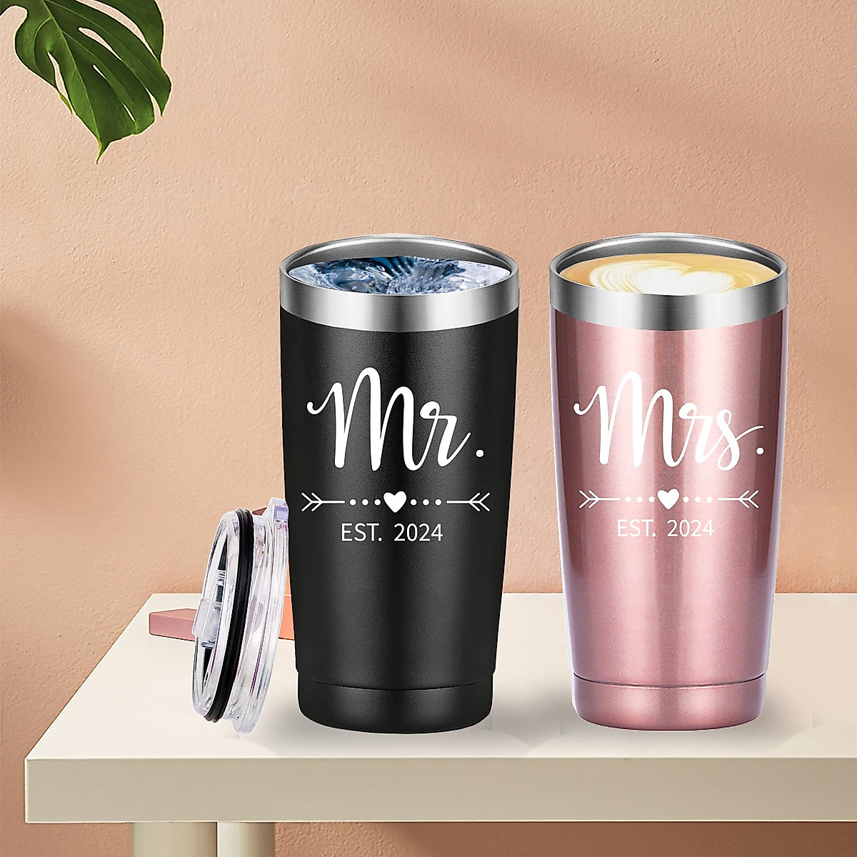 Mamihlap Mr and Mrs Est 2024 Travel Mug Tumbler.Newlyweds Couples Wife Bride To Be Newly Engaged Bridal Shower Gifts.Wedding Tumbler Idea for Bridal Showers Engagement.(20oz Black&Rose Gold)