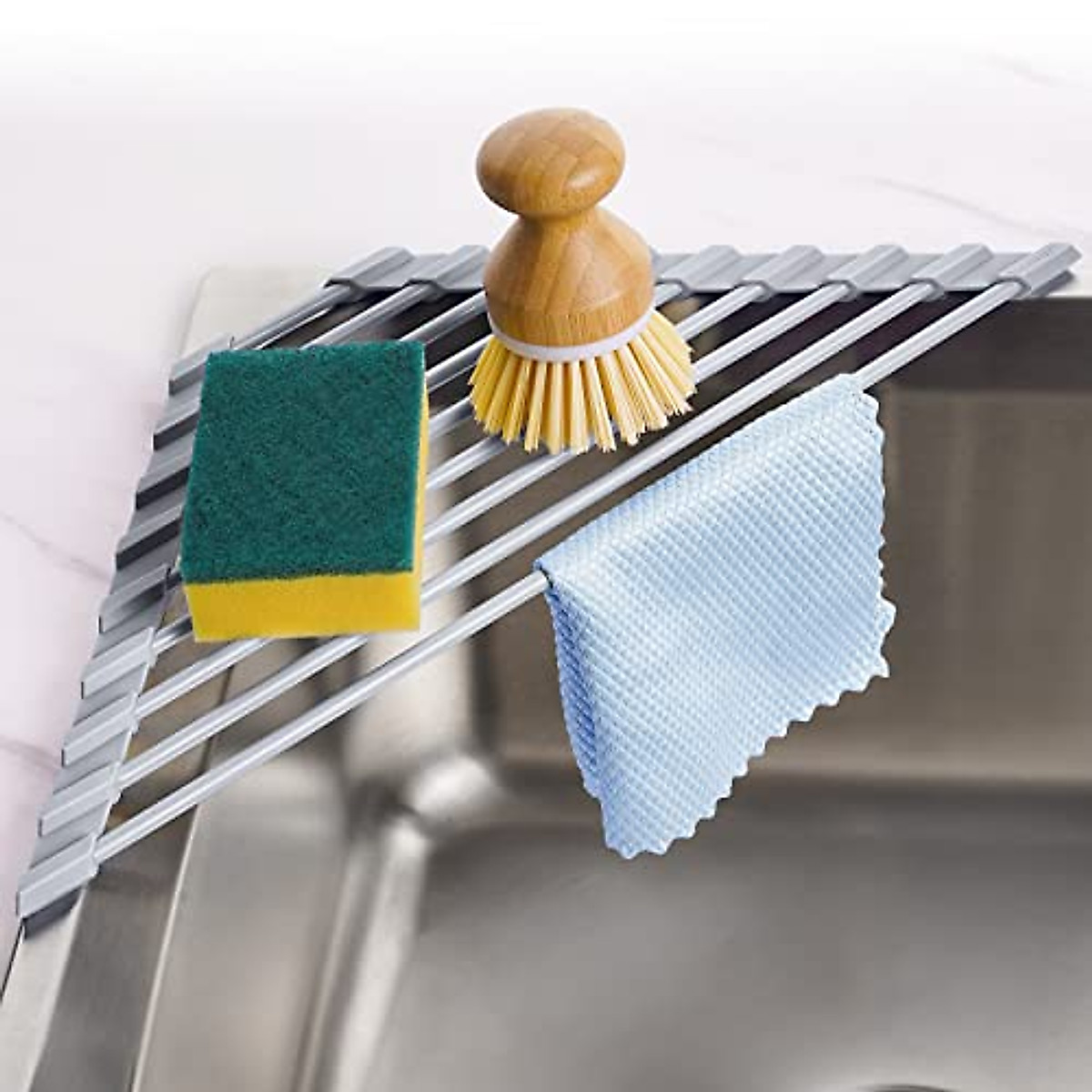 Triangle Roll-Up Dish Drying Rack - Small Foldable Silicone Coated for Sink Corner, Stainless Steel Over Sink Organizer, Drainer Caddy and Space Saver for Multipurpose Kitchen Storage (Gray)