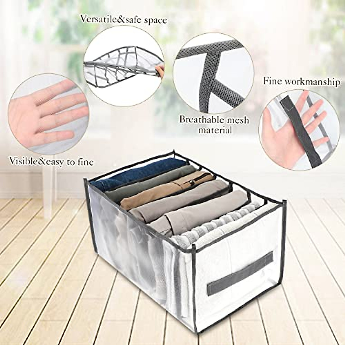 10 Pcs Large 7 Grid Wardrobe Clothes Organizer With Handle, 14.2 x 9.8 x 7.9 Inch Foldable Mesh Clothes Storage Organizer for Closet, Washable Clothing Clothes Storage Box for Jeans Pants T-shirts