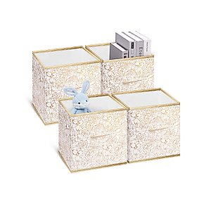 DAMAHOME Collapsible Storage Cube Bins - Fabric Cubby Organizer,Gold Flower Decorative Shelf Basket Dual Handles,11 Inch Metallic Box For Nursery/Home Office/Closet/Kids Room/4-Pack(Flower Gold)