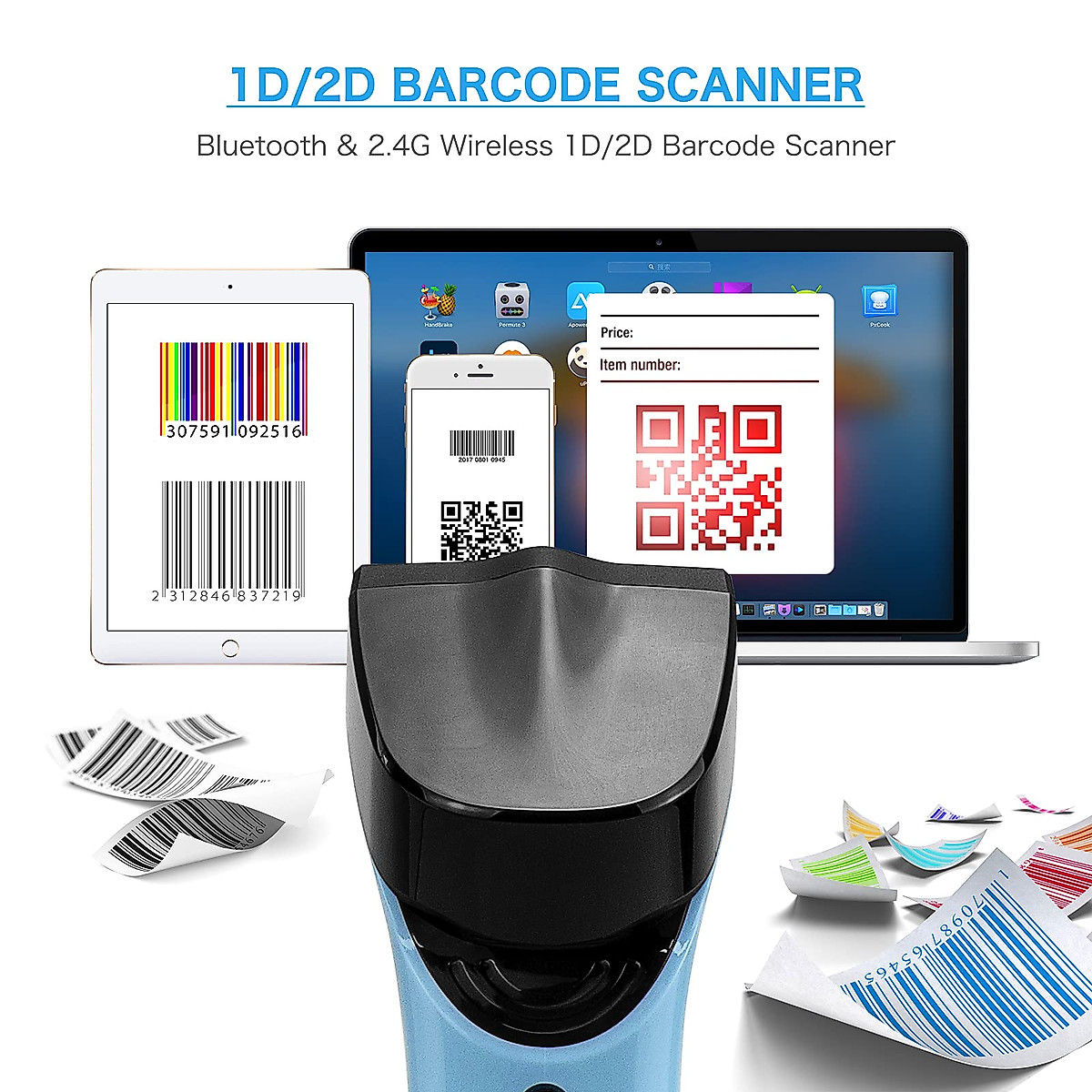 NETUM Bluetooth Wireless 2D Barcode Scanner Automatic, Hands Free Barcode Reader with Charging Cradle and Built-in Memory, Fast and Precise scanning, Transfers Up to 50 Meters - DS7500