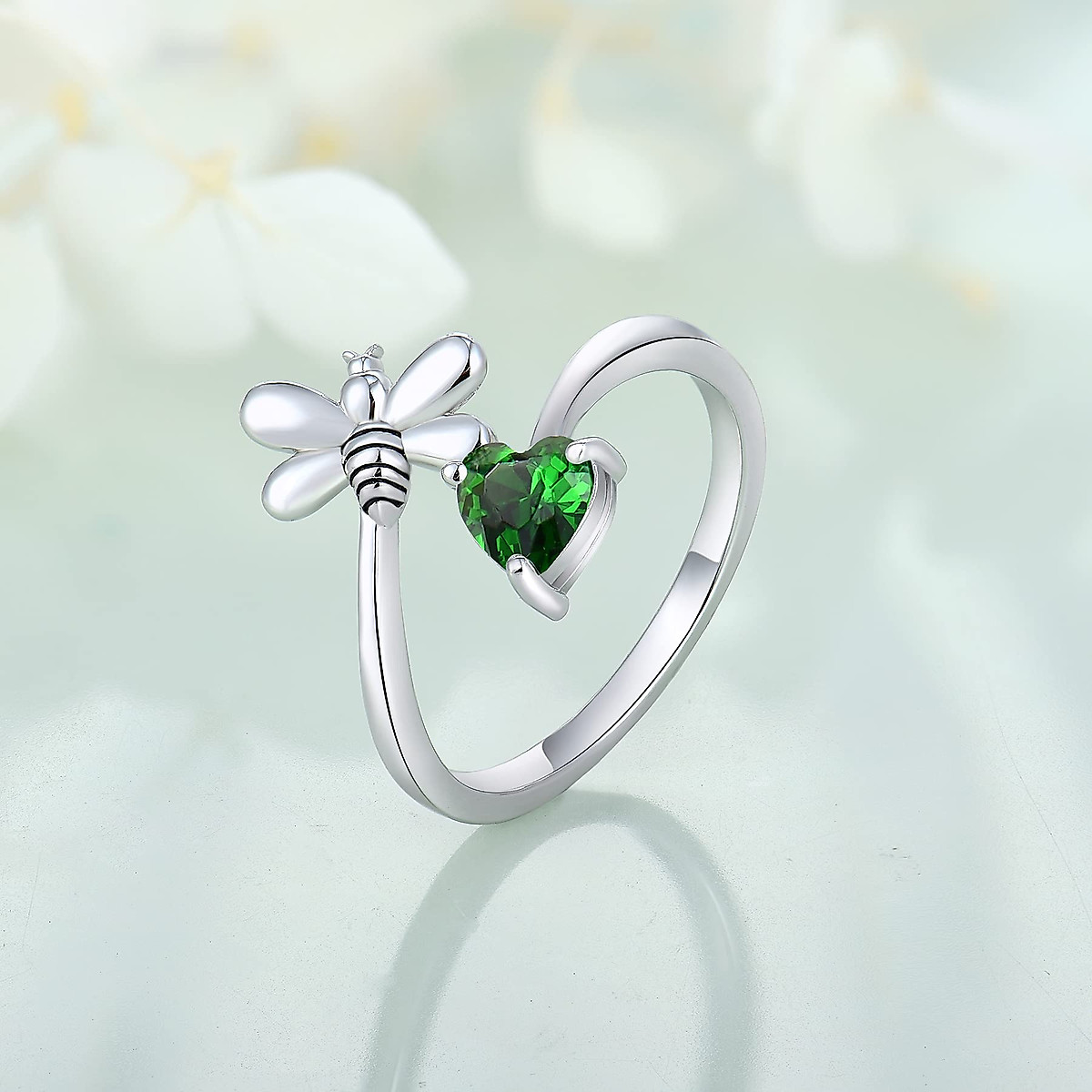 FJ Sterling Silver Women Bee Ring Open Animal Ring with Created Emerald (Adjustable Ring) (Size 9)
