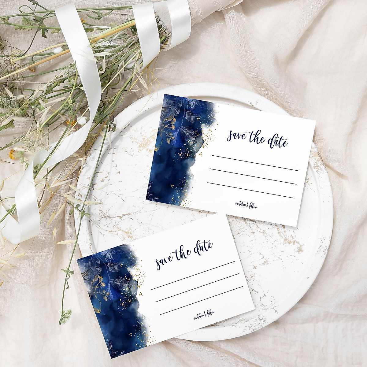 Paper Clever Party Blue Save the Date with Envelopes, All Occasion Cards for Wedding Invitations, Birthday, Graduation, Watercolor Gold Floral, 3.5x5, 25 Pack