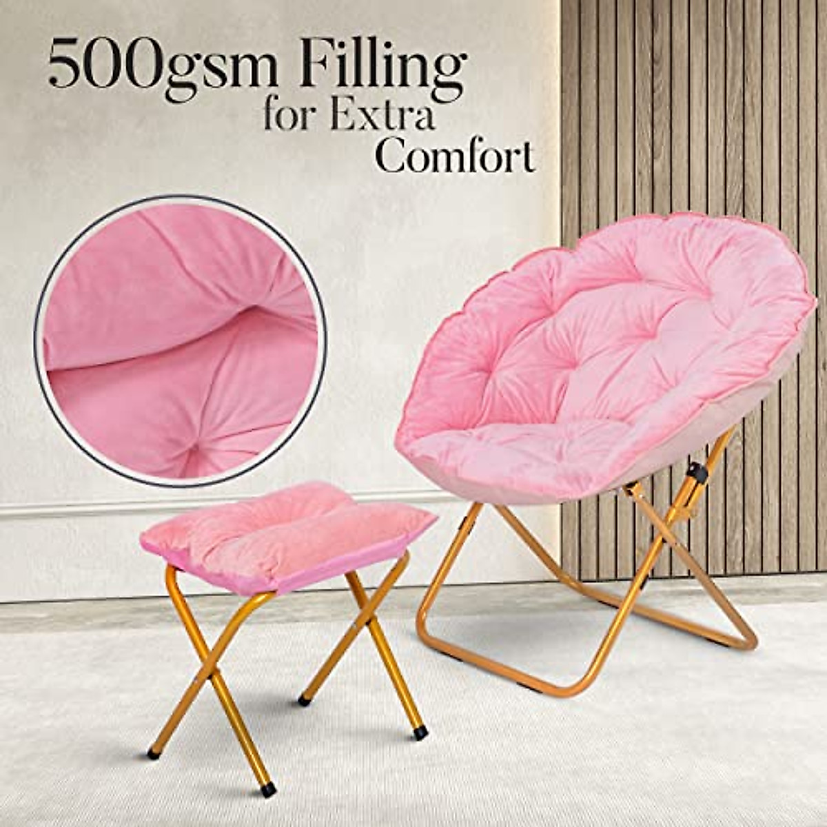 Rëlaxia Saucer Chair with Footrest | 31.5x31.5x31.5’’ | Fluffy Faux Fur Moon Chair with Steel Legs | Foldable Comfy Chair for Bedroom | Stylish Saucer Chairs for Adults and Kids - Pink