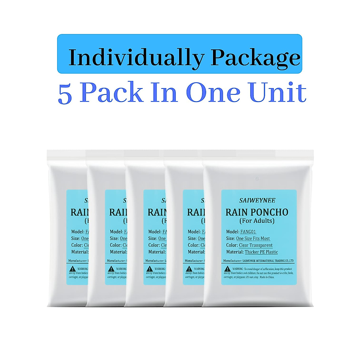 SAIWEYNEE 5 Pack Disposable Rain Ponchos For Adults-Transparent Waterproof Rain Ponchos (Clear Transparent)