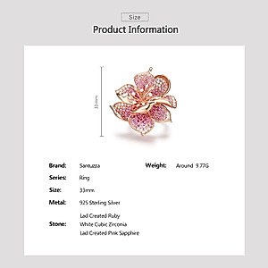 Santuzza 925 Sterling Silver Flower Ring Pink Sapphire Cubic Zirconia Blossom Hibiscus Ring for Women (7)