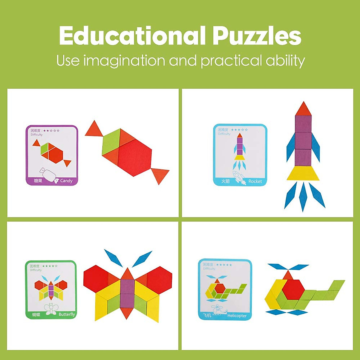 Wooden Pattern Blocks Set 155 Pcs Geometric Shape Puzzle Kindergarten Tangram Brain Teasers Early Educational Montessori for Kids Ages 3-8 with 24 Pcs Design Cards