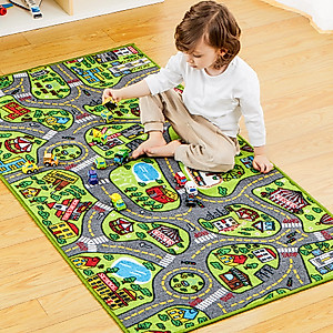 JOYIN Kids Play Rugs - 12 Pull-Back Vehicle Set - Durable Carpet Playmat Rug - City Pretend Play - Toddler Car Track Rug