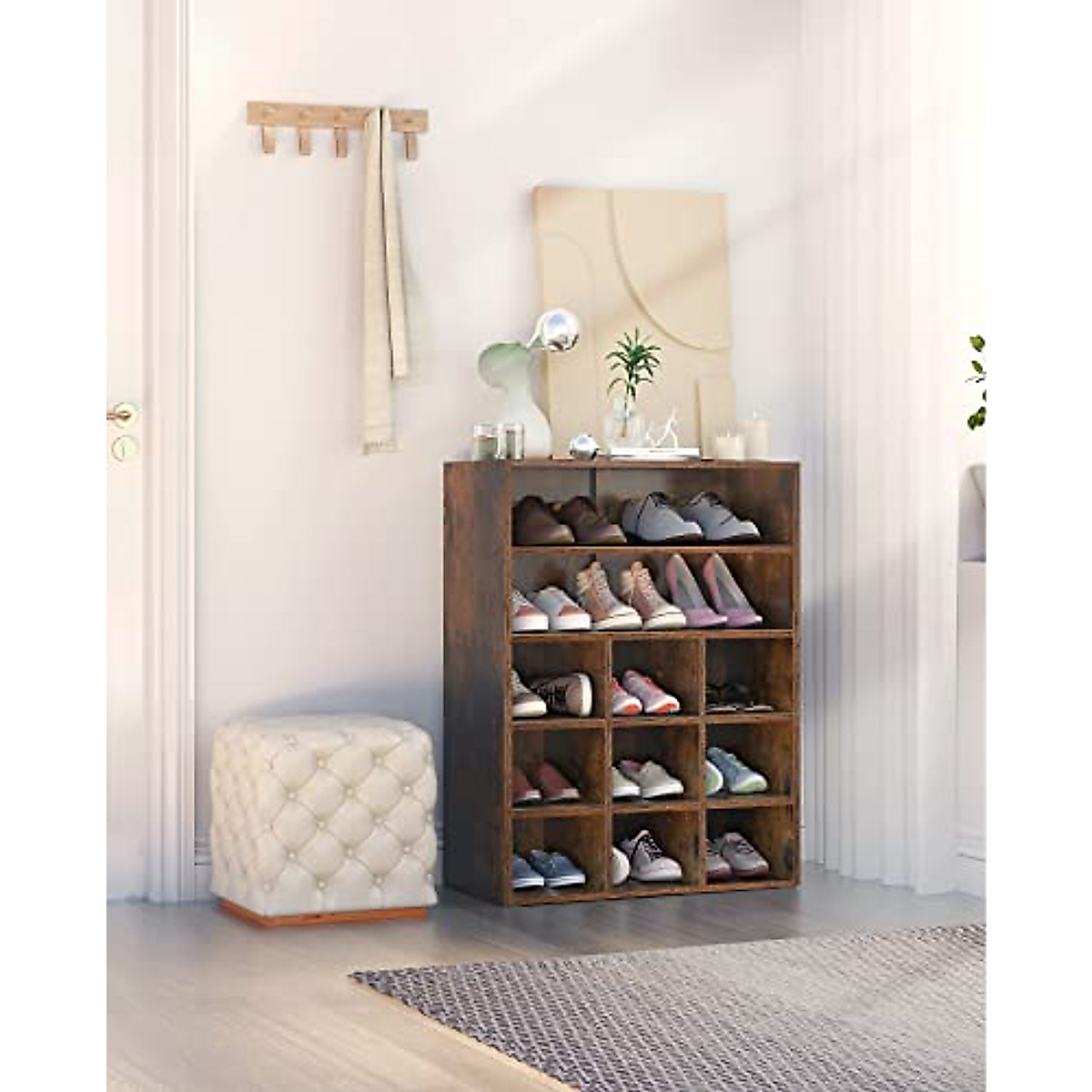 HAIOOU Shoe Cubby, 9-Cube Stackable Wood Shoe Rack Organizer 5-Tier Freestanding Wooden Shoe Stand with 2 Storage Shelf for 10-15 Pairs, Ideal for Apartment Entryway Closet Organization - Rustic Brown