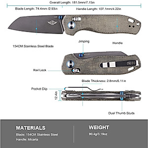 OKNIFE Rubato 2 EDC Pocket Knife, Rail Lock Folding Knives for Men Women Sheepsfoot Knife Camping Hiking Survival 154CM Blade (Micarta Handle), OD Green